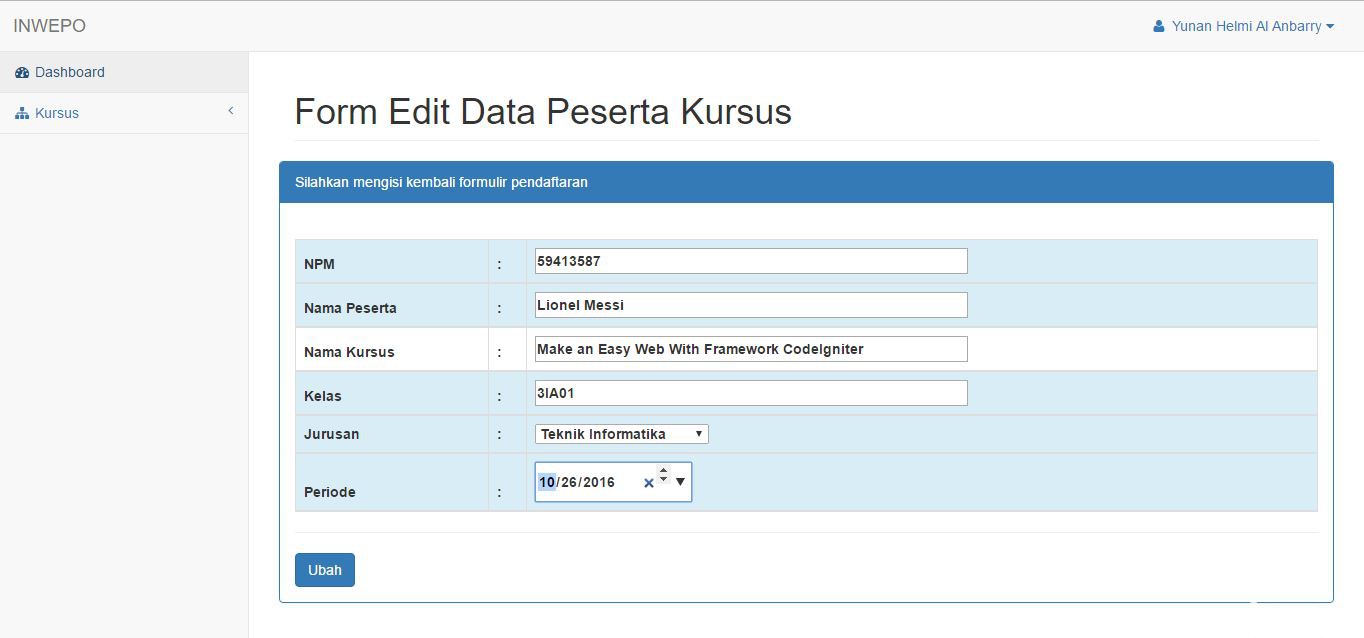 Tutorial Membuat Web Pendaftaran Kursus Menggunakan Codeigniter: Update & Delete [Bagian 13] Inwepo