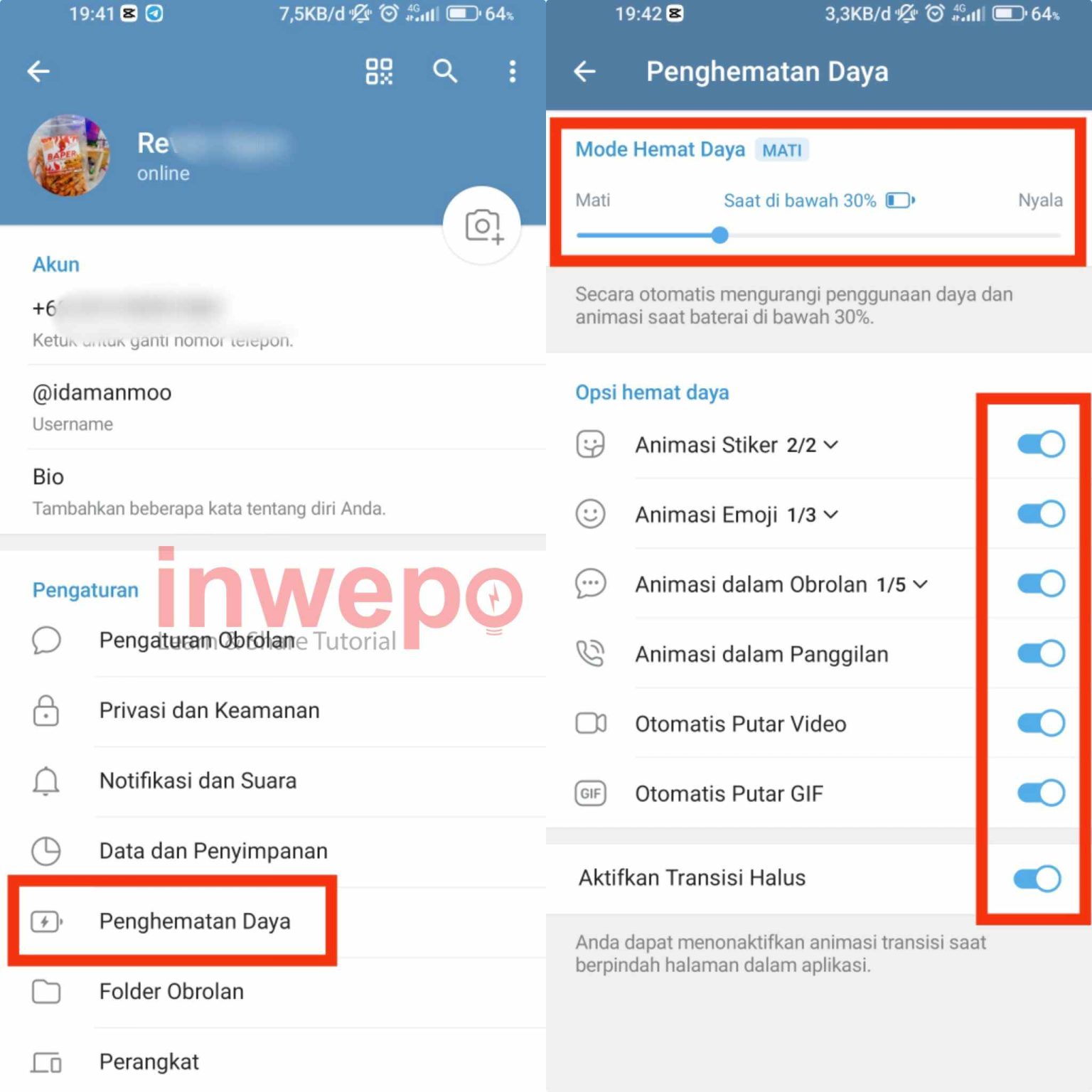 Cara Aktifkan Mode Hemat Daya & Custom Foto Profil Telegram - Inwepo
